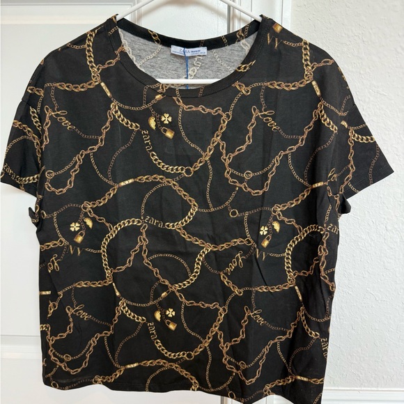 Zara | Tops | Zara Black Tee With Gold Chain Design | Poshmark